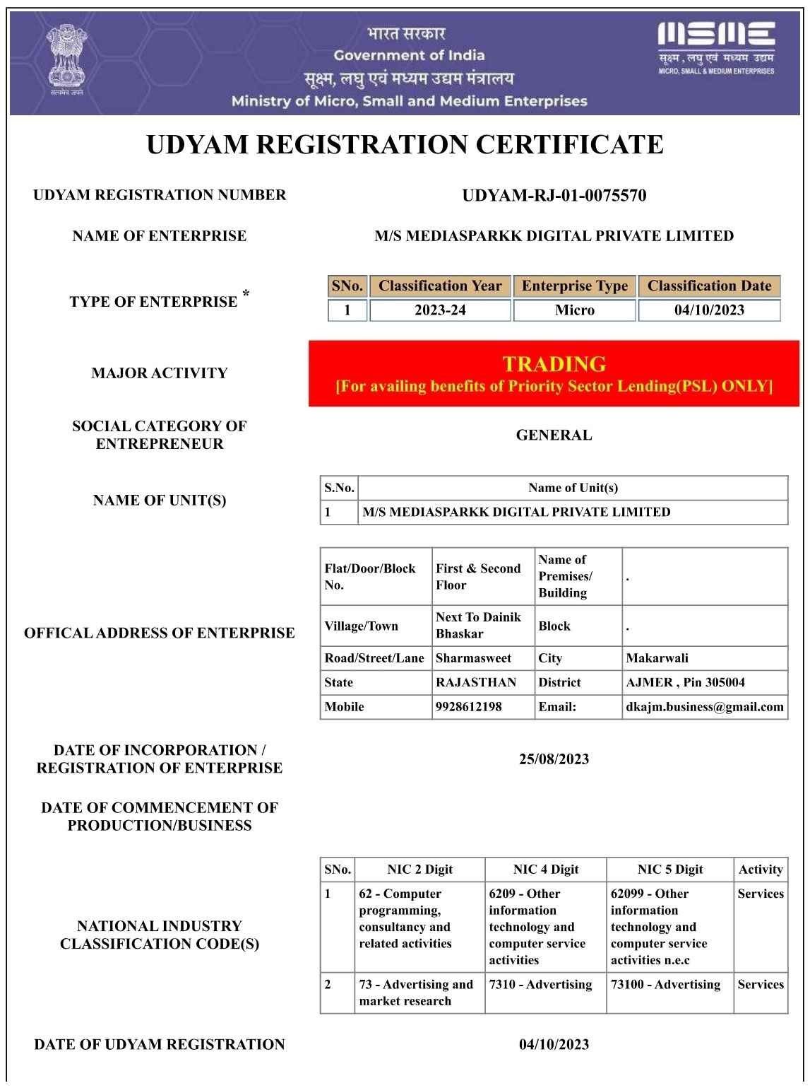 Certification - Mediasparkk Digital Marketing Company Ajmer